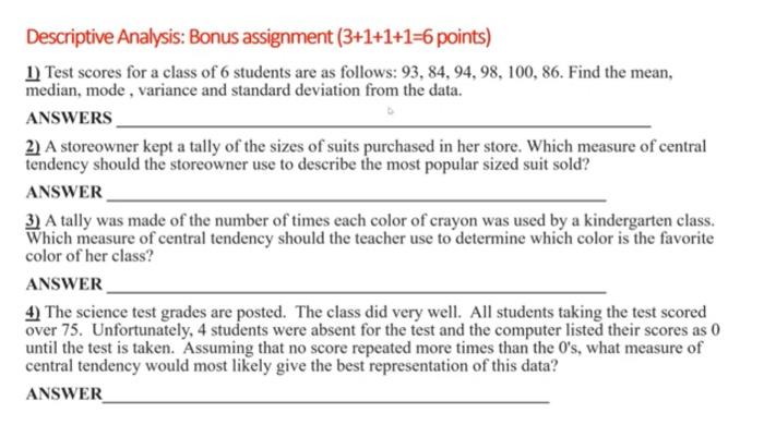 Solved Descriptive Analysis: Bonus assignment ( 3+1+1+1=6 | Chegg.com