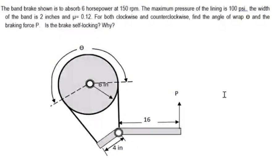 Solved The band brake shown is to absorb 6 horsepower at 150 | Chegg.com