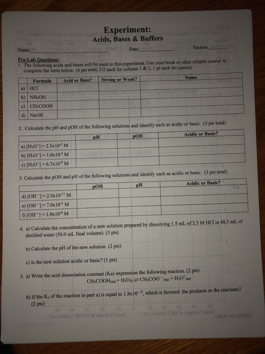 Solved Experiment: Acids, Bases & Buffers Name Date Section | Chegg.com