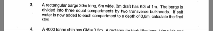 Solved A rectangular barge 30m long, 6m wide, 3m draft has | Chegg.com