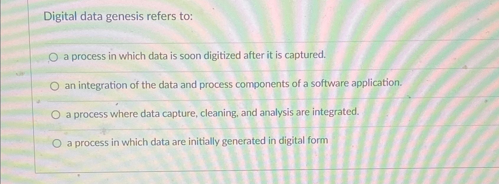 Solved Digital data genesis refers to:a process in which | Chegg.com