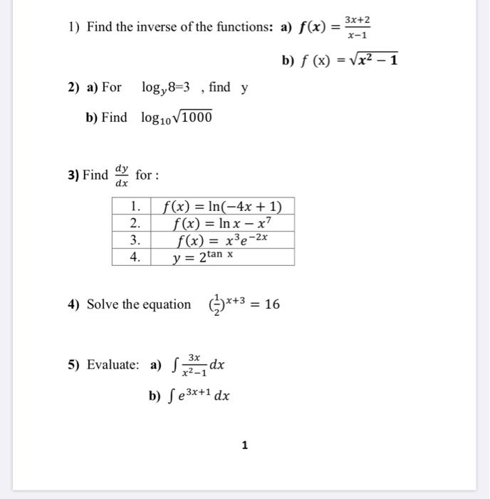 Solved 3x+2 1) Find the inverse of the functions: a) f(x) | Chegg.com