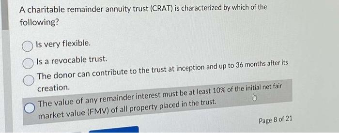 Solved A charitable remainder annuity trust (CRAT) is | Chegg.com