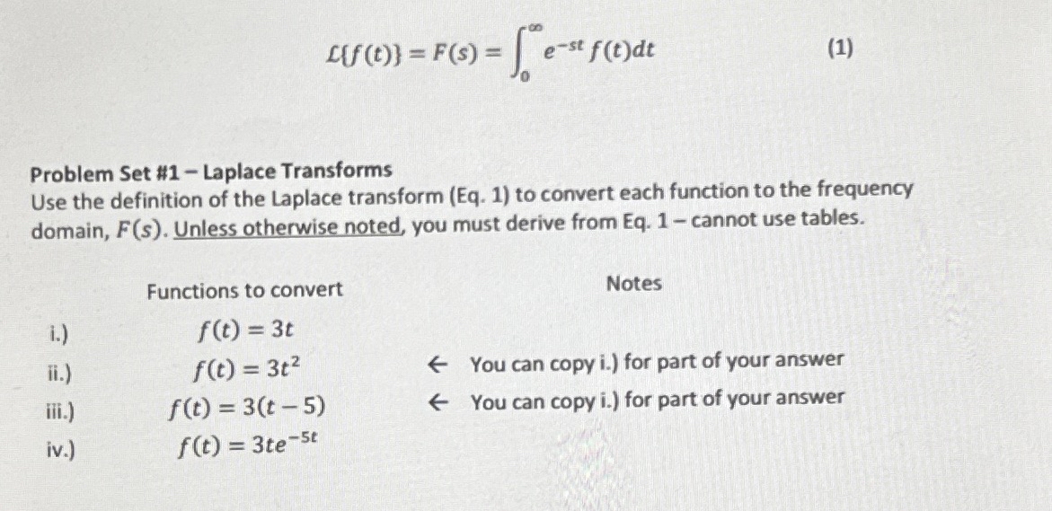 Solved L{f(t)}=F(s)=∫0∞e-stf(t)dtProblem Set #1 - ﻿Laplace | Chegg.com