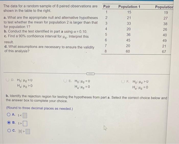 Solved The data for a random sample of 8 paired observations | Chegg.com