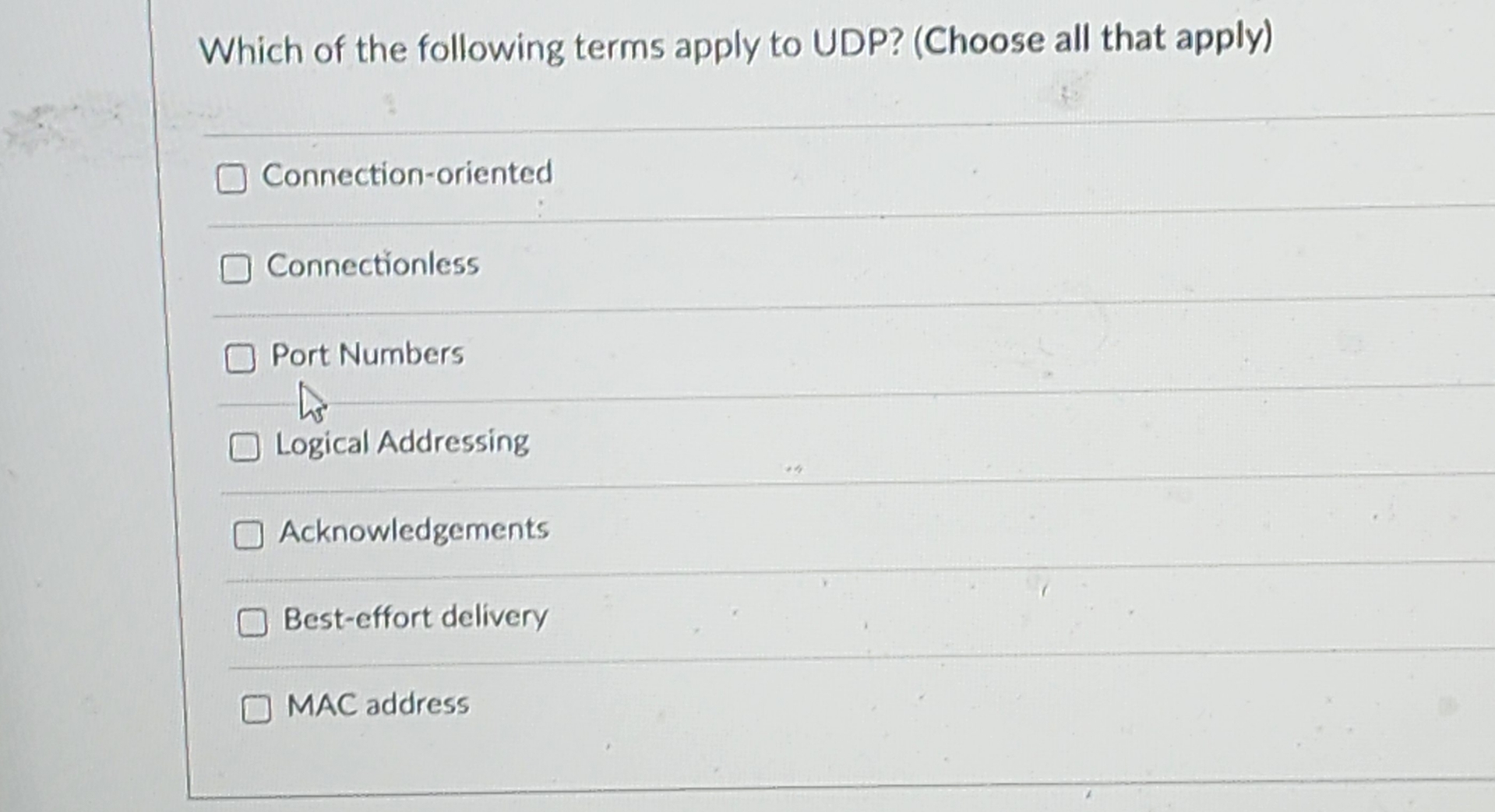 Solved Which of the following terms apply to UDP? (Choose | Chegg.com