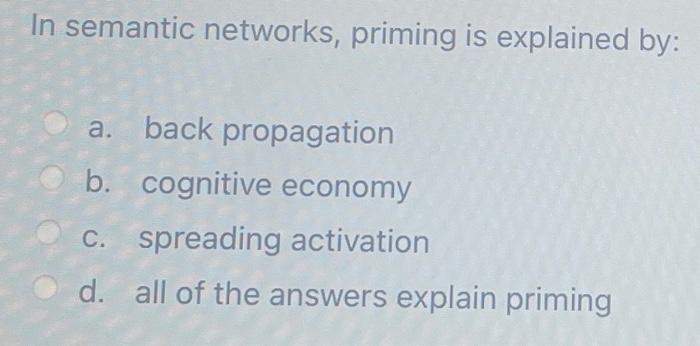 Solved In semantic networks, priming is explained by: a. | Chegg.com