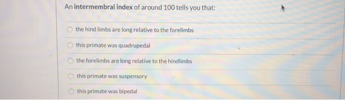 Solved An intermembral index of around 100 tells you that: | Chegg.com