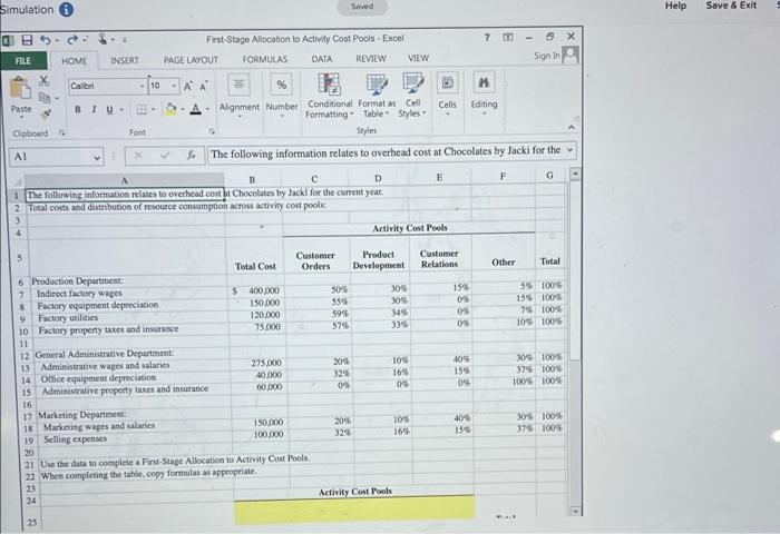 Solved Activity Cost Pools using Excel's Absolute Cell | Chegg.com