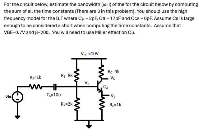Solved For the circuit below, estimate the bandwidth (ωH) | Chegg.com