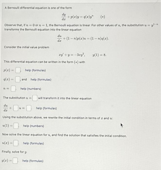 Solved A Bernoulli differential equation is one of the form | Chegg.com