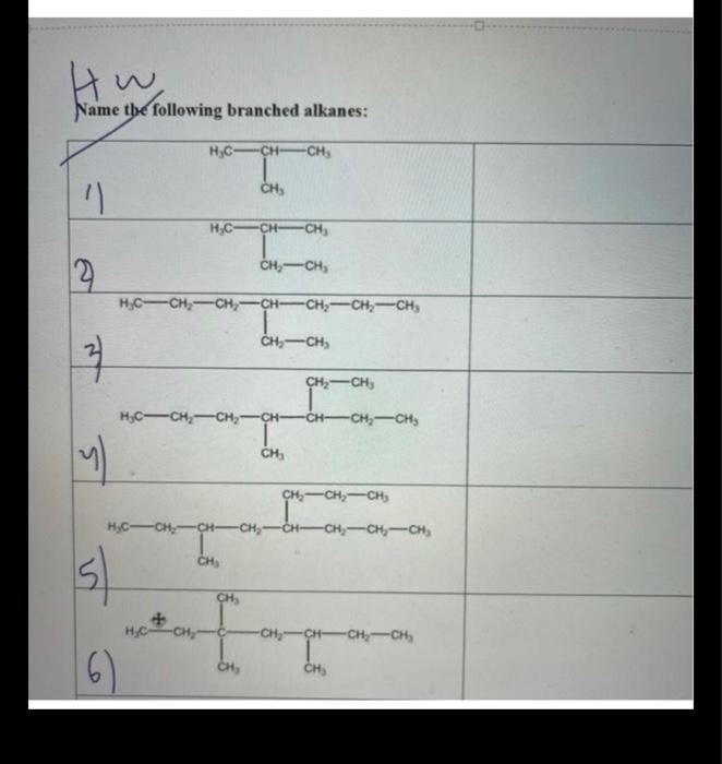 Solved Hw Name the following branched alkanes: HC-C6 -CH, CH | Chegg.com
