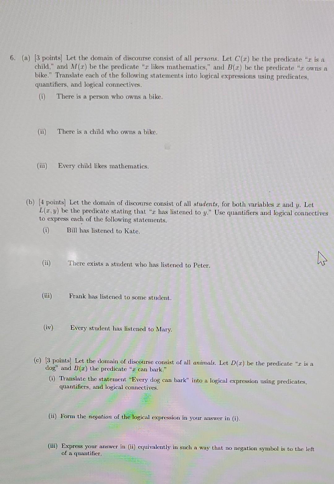 Solved 6. (a) [3 points] Let the domain of discourse consist | Chegg.com
