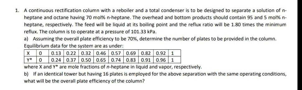 Solved 1. A continuous rectification column with a reboiler | Chegg.com