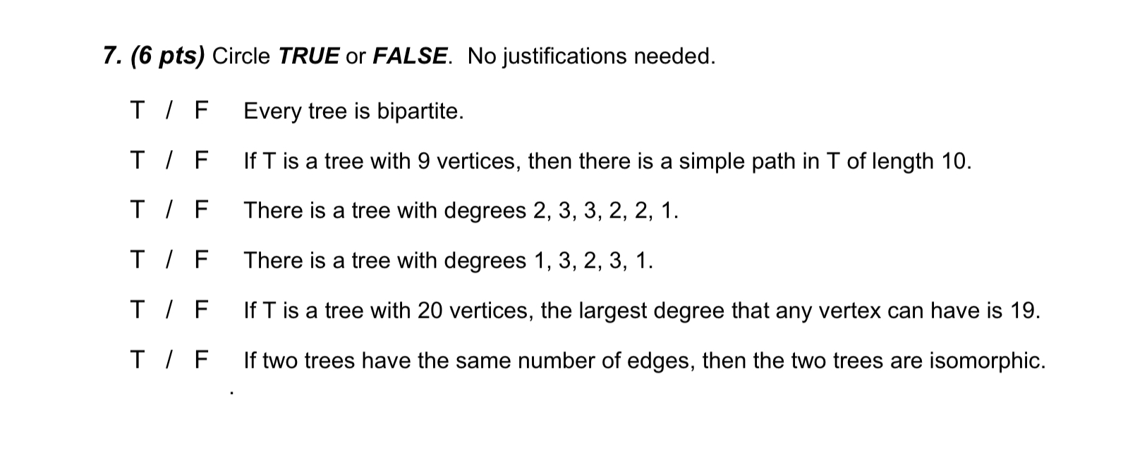 Solved (6 ﻿pts) ﻿Circle TRUE or FALSE. No justifications | Chegg.com