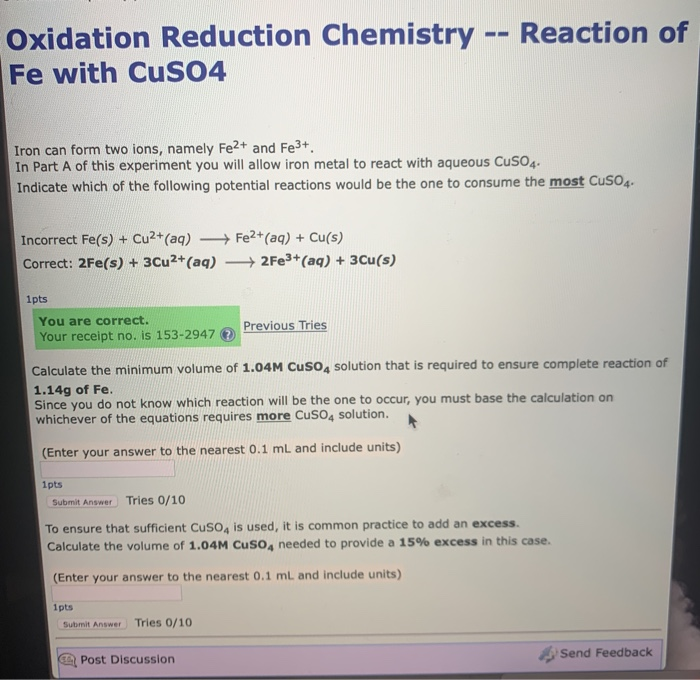 Solved Oxidation Reduction Chemistry -- Reaction of Fe with | Chegg.com