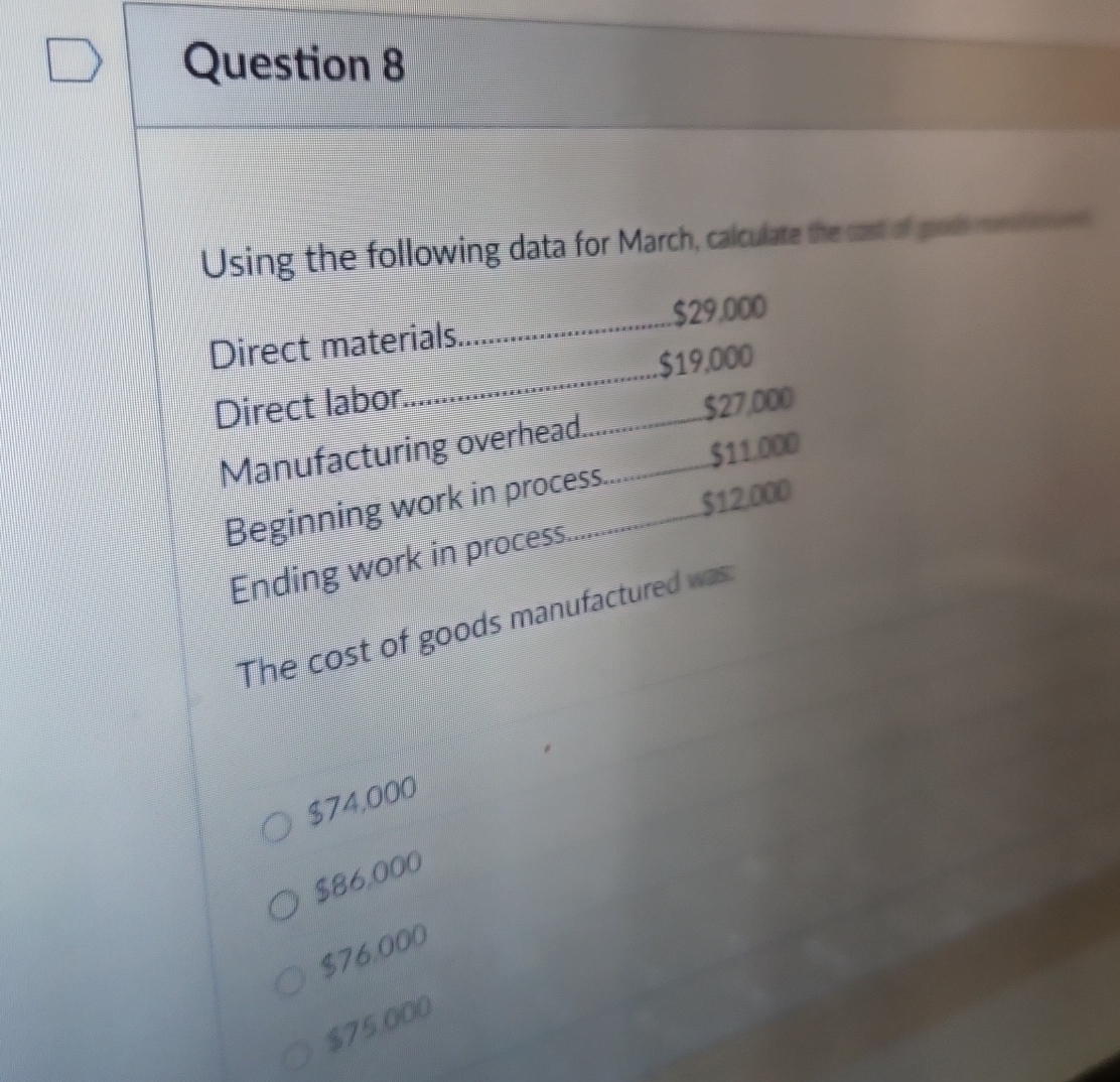 Solved Question 8Using the following data for March, | Chegg.com