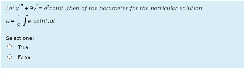 Solved Let y'''+9y'=et ﻿cotht , ﻿then of the parameter for | Chegg.com
