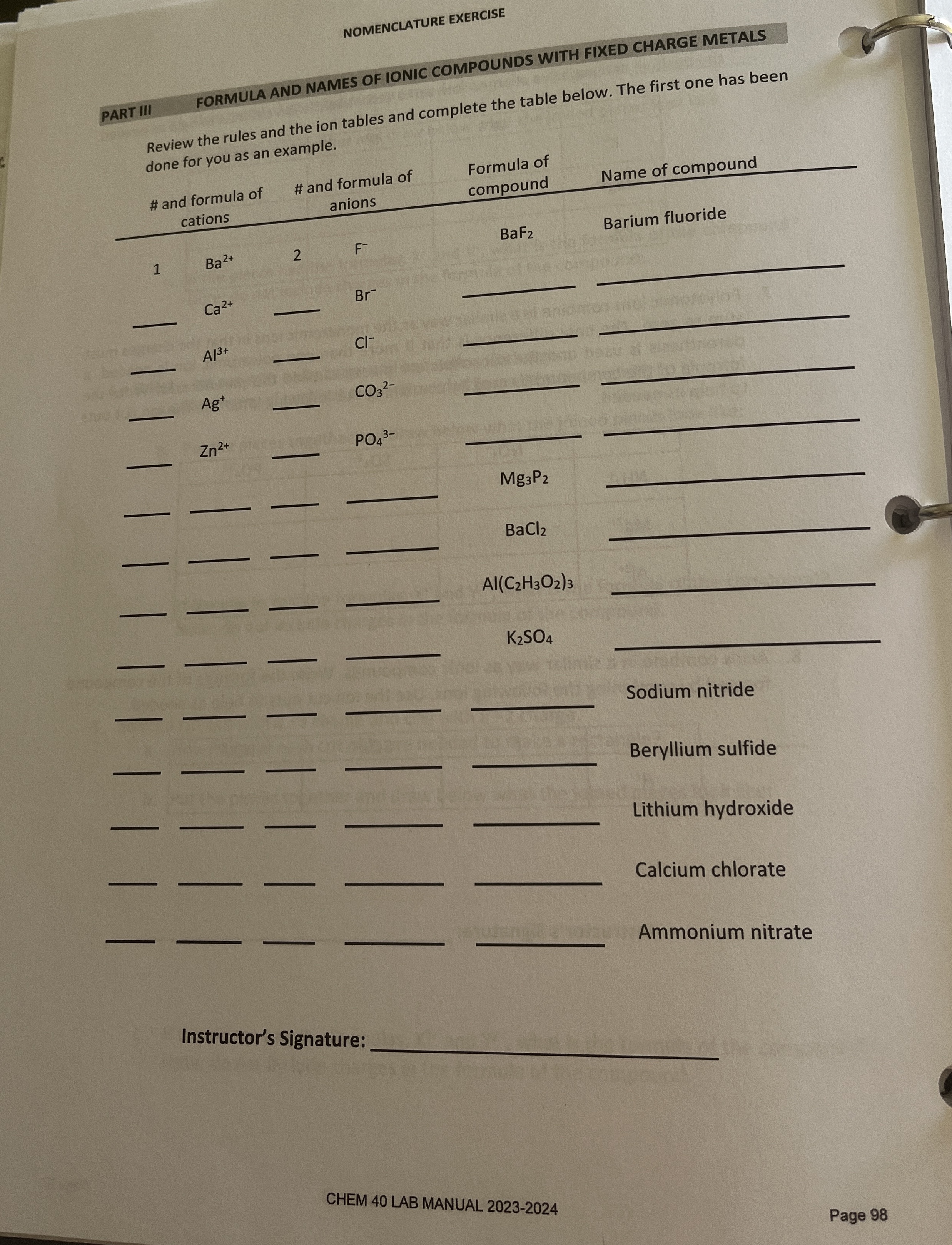 Solved PART IIIFORMULA AND NAMES OF IONIC COMPOUNDS WITH | Chegg.com