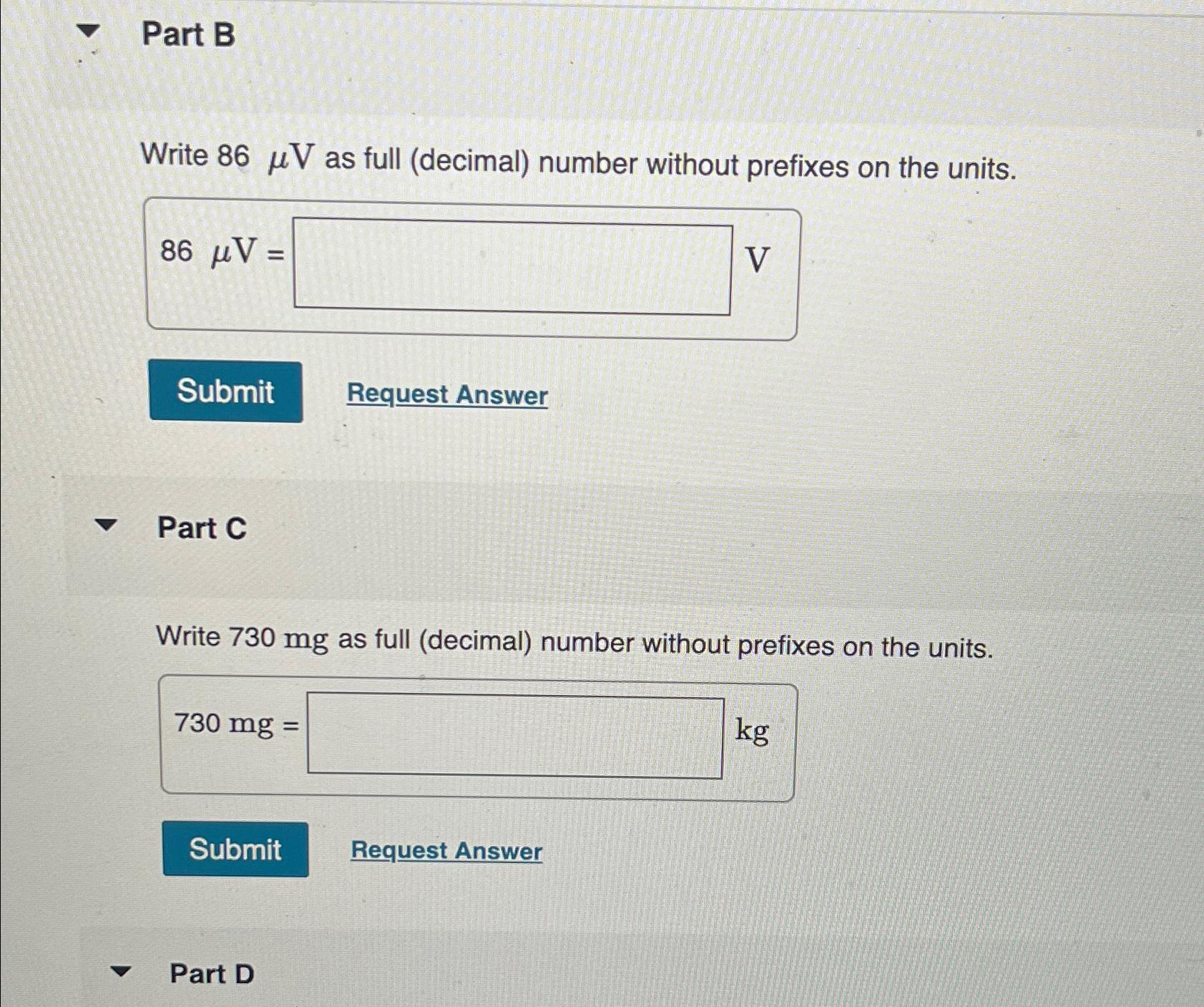 Solved Part B\\nWrite 86\\\\mu V as full (decimal) number | Chegg.com