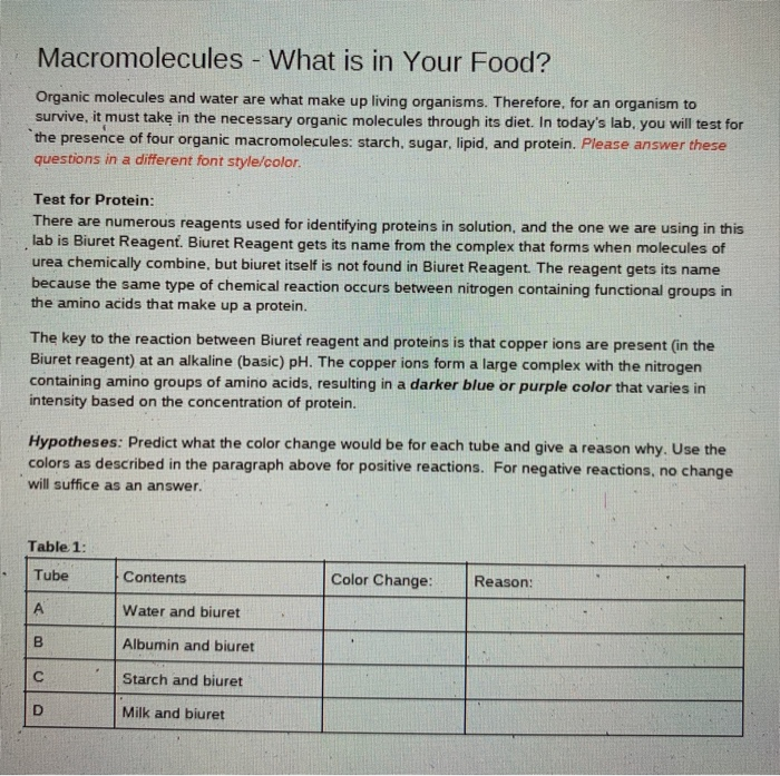 Solved Macromolecules - What is in Your Food? Organic | Chegg.com
