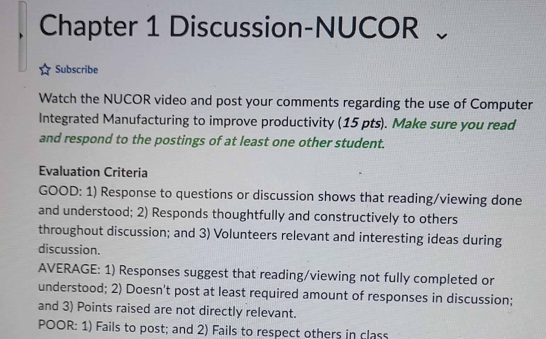 Solved Chapter 1 Discussion-NUCOR Subscribe Watch the | Chegg.com