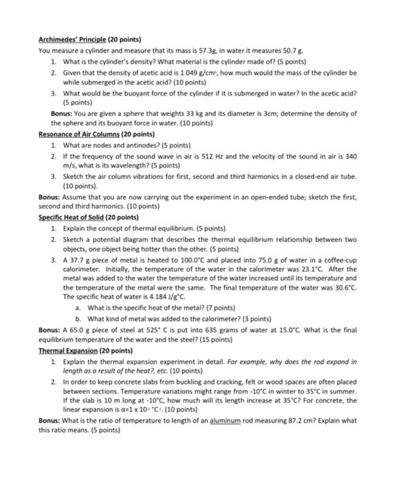 Solved Archimedes' Principle (20 points) You measure a | Chegg.com