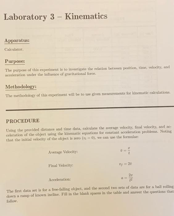 Solved Laboratory 3 - Kinematics Apparatus: Calculator. | Chegg.com
