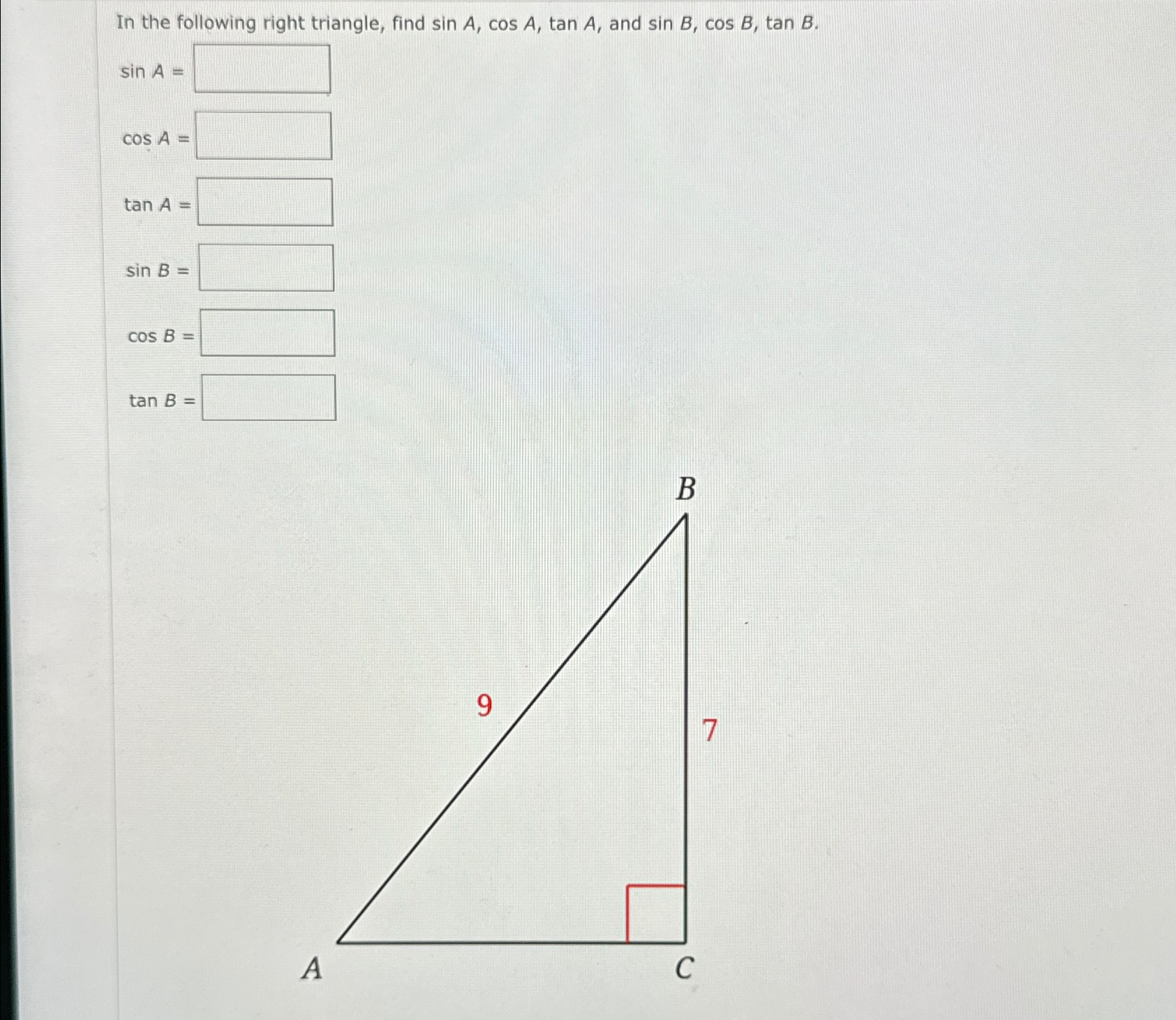 Solved In the following right triangle, find sinA,cosA,tanA, | Chegg.com