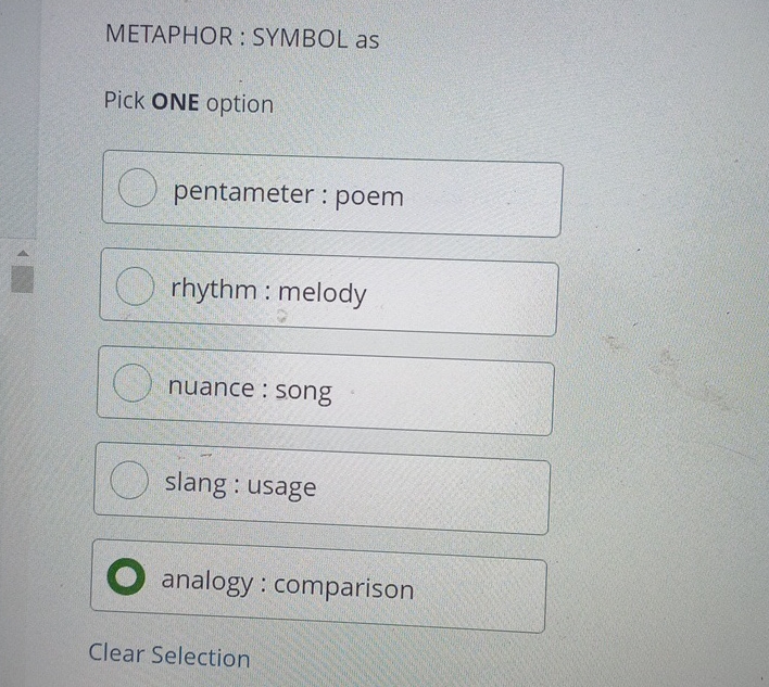 Solved METAPHOR : SYMBOL asPick ONE optionpentameter: | Chegg.com