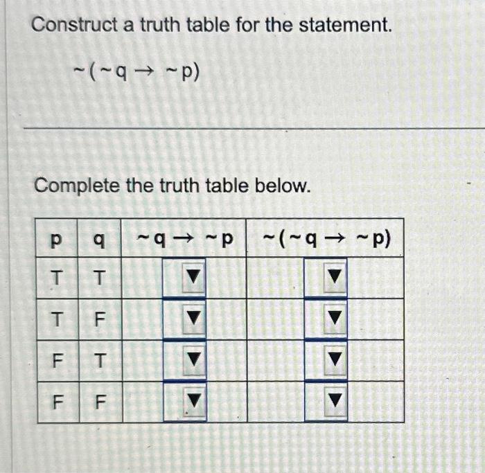 Solved Construct a truth table for the statement. ∼(∼q→∼p) | Chegg.com