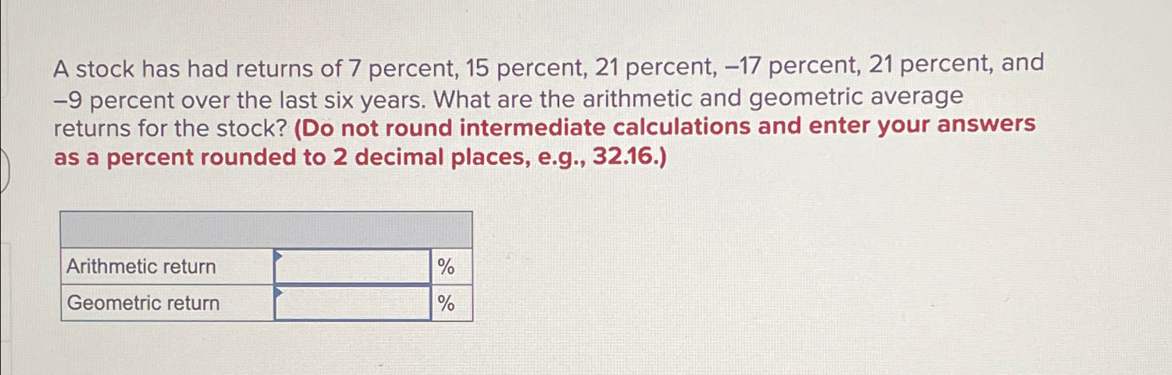 Solved A stock has had returns of 7 ﻿percent, 15 ﻿percent, | Chegg.com