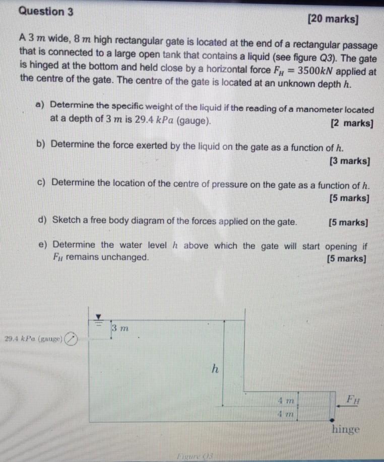 Solved Question 3 [20 marks] A 3 m wide, 8 m high | Chegg.com