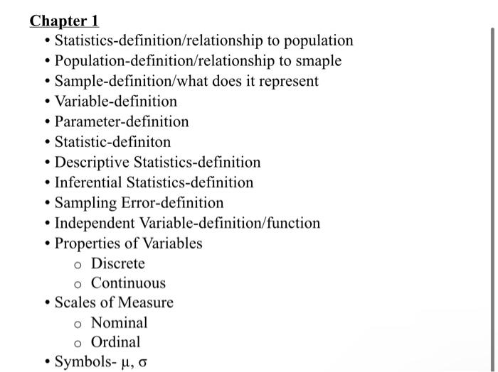 Solved Chapter 1 - Statistics-definition/relationship to | Chegg.com