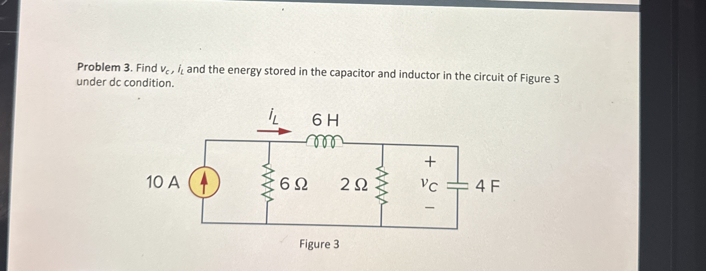 Solved Problem 3. ﻿Find vc,iL ﻿and the energy stored in the | Chegg.com