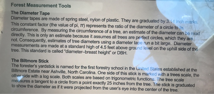Forest Measurement Tools The Diameter Tape Diameter | Chegg.com