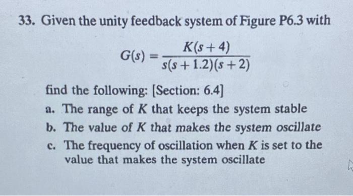 Solved G(s) 33. Given the unity feedback system of Figure | Chegg.com