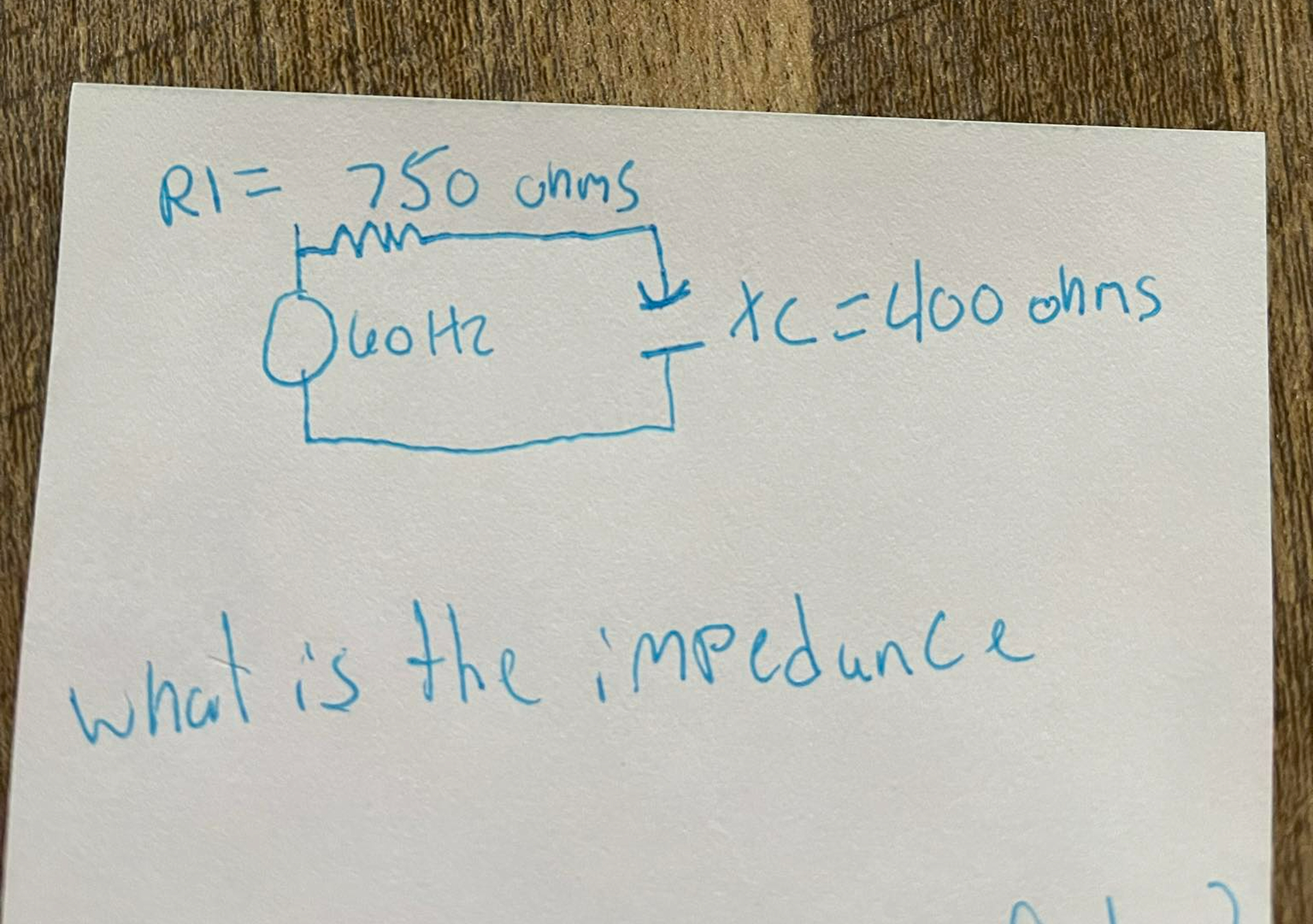 Solved circuit with R1=750 ﻿ohms ﻿ xc=400 ﻿ohms and 60 ﻿hz | Chegg.com