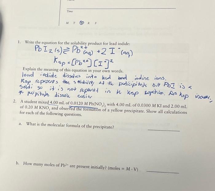 Solved 1. Write the equation for the solubility product for | Chegg.com