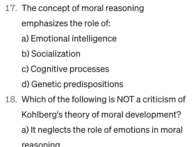 Solved The concept of moral reasoning emphasizes the role | Chegg.com