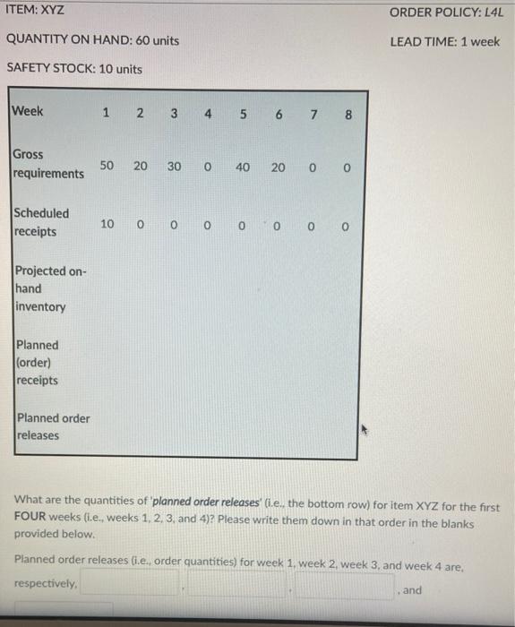 Solved ITEM: XYZ ORDER POLICY: L4L QUANTITY ON HAND: 60 | Chegg.com