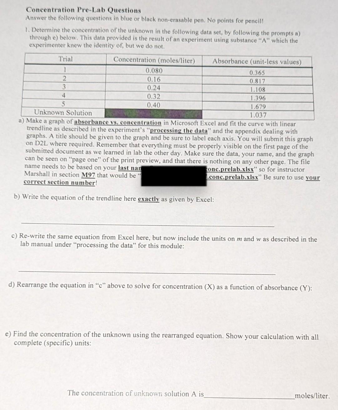 Solved Concentration Pre-Lab Questions Answer the following | Chegg.com