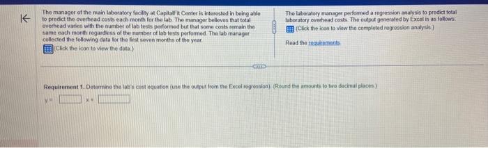 Solved y=4x+Data tableData table1. Determine the lab's cost | Chegg.com