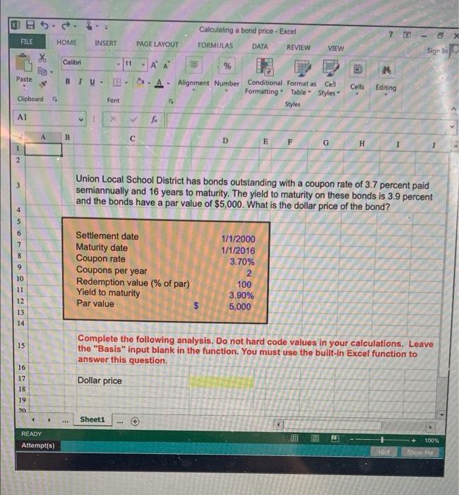 Solved 5 Calculating a bond price - Excel ? 5 1 X FILE HOME | Chegg.com