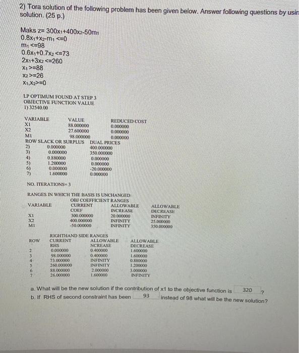 Solved 2) Tora solution of the following problem has been | Chegg.com
