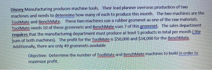 Solved Disney Manufacturing produces machine tools. Their | Chegg.com