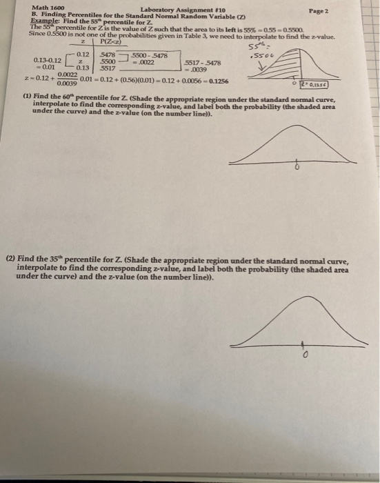 Solved Math 1600 B. Finding Percentiles for the Standard | Chegg.com