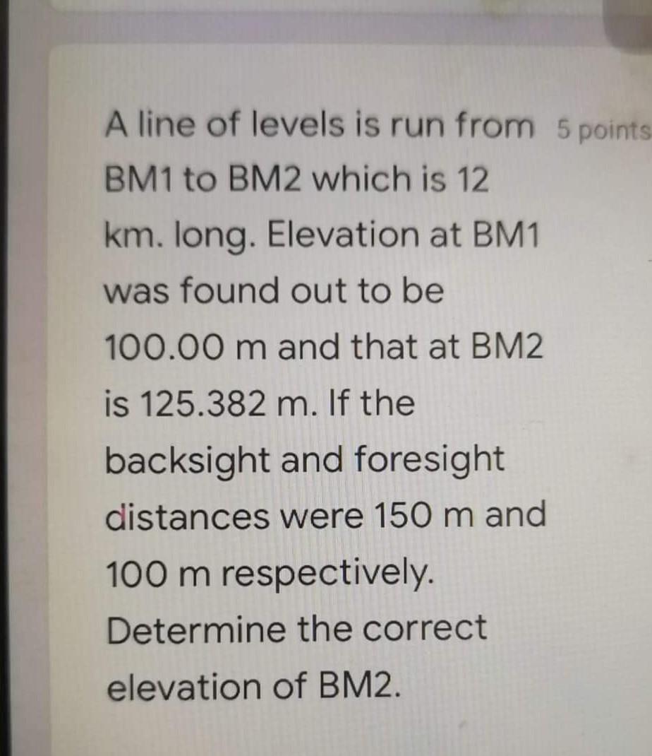 Solved A line of levels is run from 5 points BM1 to BM2 | Chegg.com