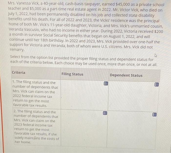 Solved Mrs. Vanessa Vick, a 40-year-old, cash-basis | Chegg.com