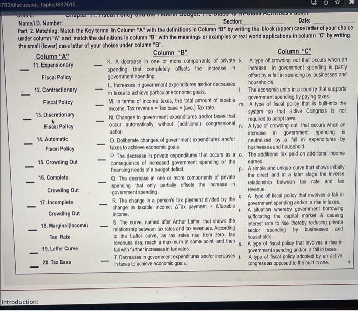 Solved Please use collum b and c to match with definition A. | Chegg.com